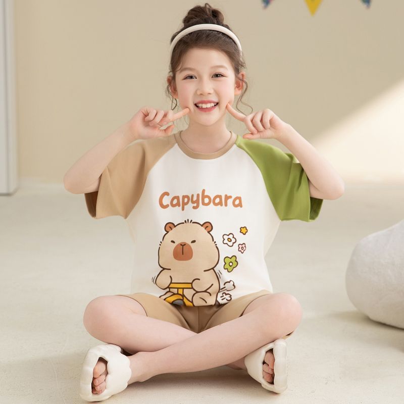 Capybara Girls Pajamas 2025 New Summer Kids Cotton Short Sleeve Shorts ...