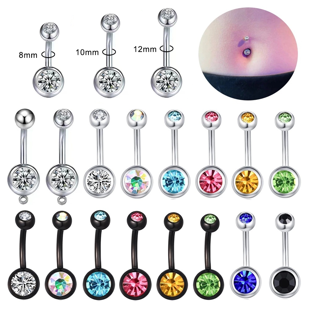 1 PC 8/10/12mm Color Stainless Steel Belly Buttom Piercing Double Crystal Navel Ring Round Ball ...