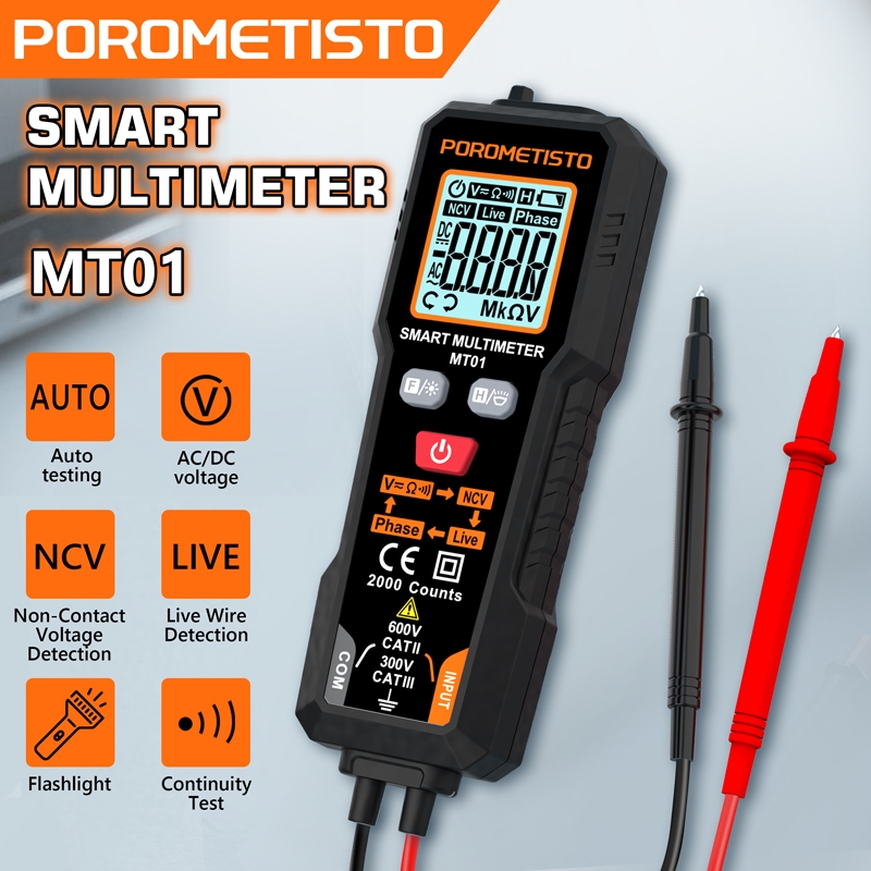 POROMETISTO MT01 Digital Multimeter 2000 Counts 600V AC/DC Voltage Resistance Continuity ...