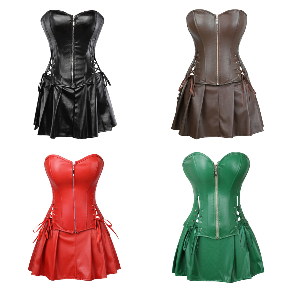 Corset Top And Skirt Set Faux Leather Corset Dress Overbust Zipper ...