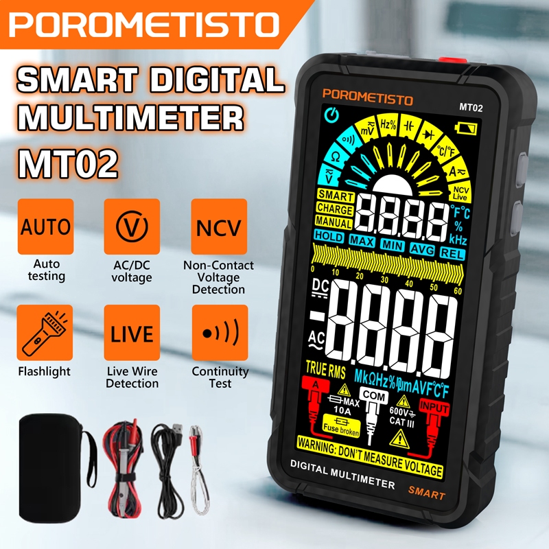 POROMETISTO MT02 Intelligent Aechargeable Digital Multimeter 600V 10A AC DC Voltage Current ...