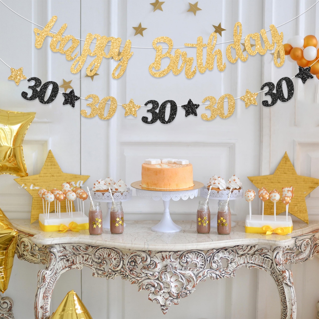 30 Year Old Black Gold Happy Birthday Banner Paper Glitter 30th ...