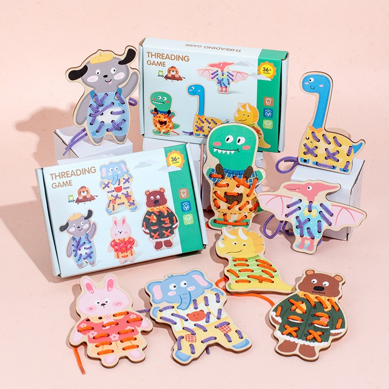 4 Pack Dinosaur Lacing Cards Wooden Threading Lacing Toy for Toddlers ...