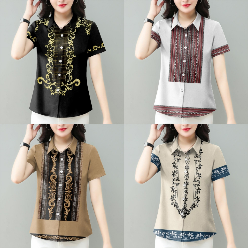 Ethnic Style Women's Shirt Short-Sleeved Tops Retro Barong Pattern ...