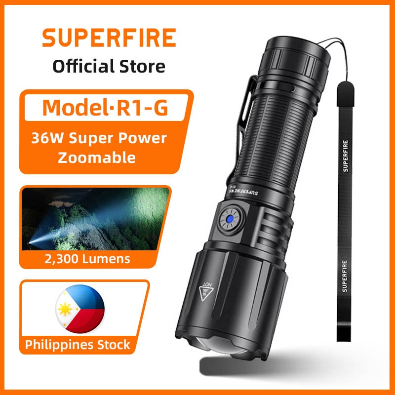 SUPERFIRE R1-G 36W High Power LED Flashlights Zoomable Type-c Rechargeable 26650 Portable Torch ...
