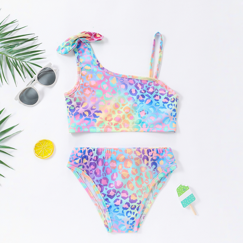Girls Swimsuit Bikini Set Two Piece Colorful Leopard Pattern Bathing ...