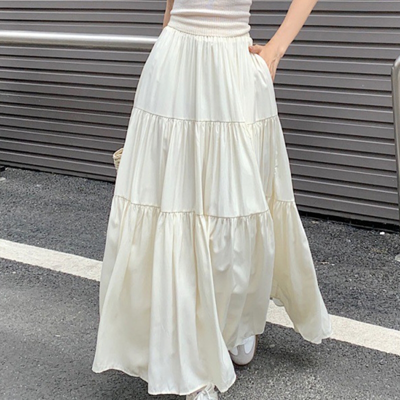 Elastic Waist Cake Skirt Patchwork Long Large Hem Skirt Women Trendy ...