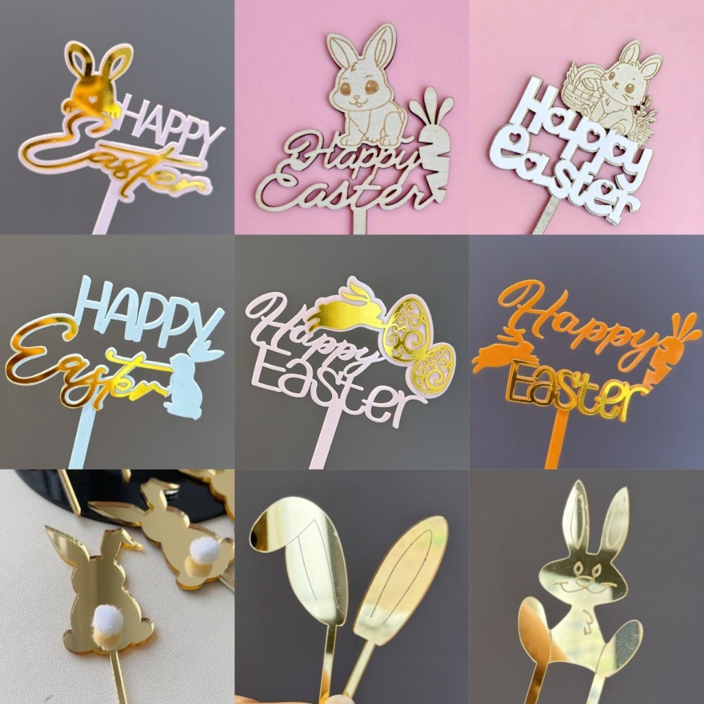 1Pcs Gold Acrylic Laser Marking Cupcake Toppers 2026 Easter Party Cake Decoration Happy Easter ...