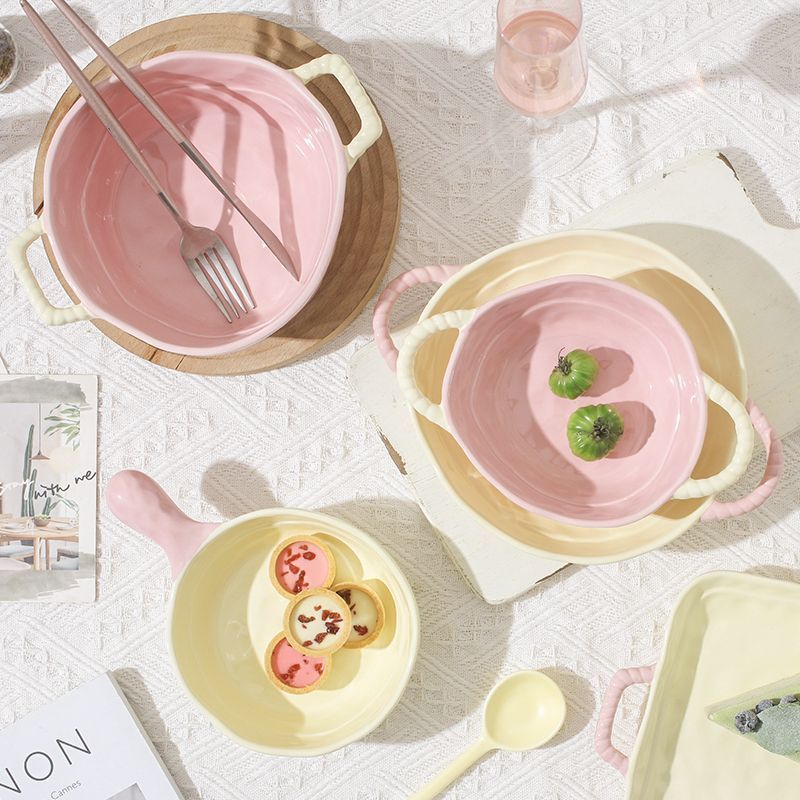 Ins Color blocked Ceramic Baking Plate Square Plate Round Vegetable ...