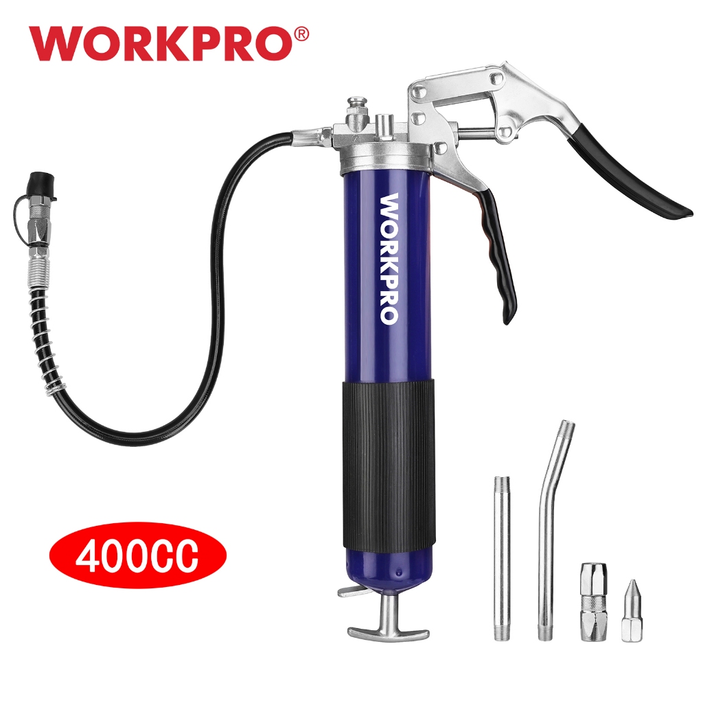 WORKPRO Grease Gun Kit 6000PSI Heavy Duty Grease Gun with 18inch Flexible Hose 2 Fixed Tubes and ...