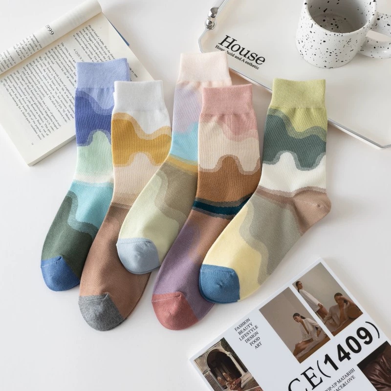D459 Socks Cotton Girls Mid-Tube Socks Contrast Color Stitching Oil ...