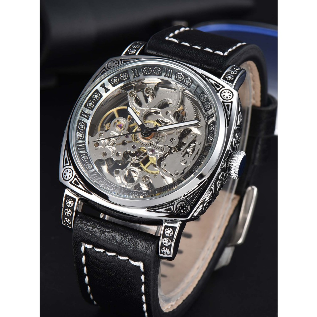 Men's Automatic Watch Leather Waterproof Retro Mechanical Skeleton ...