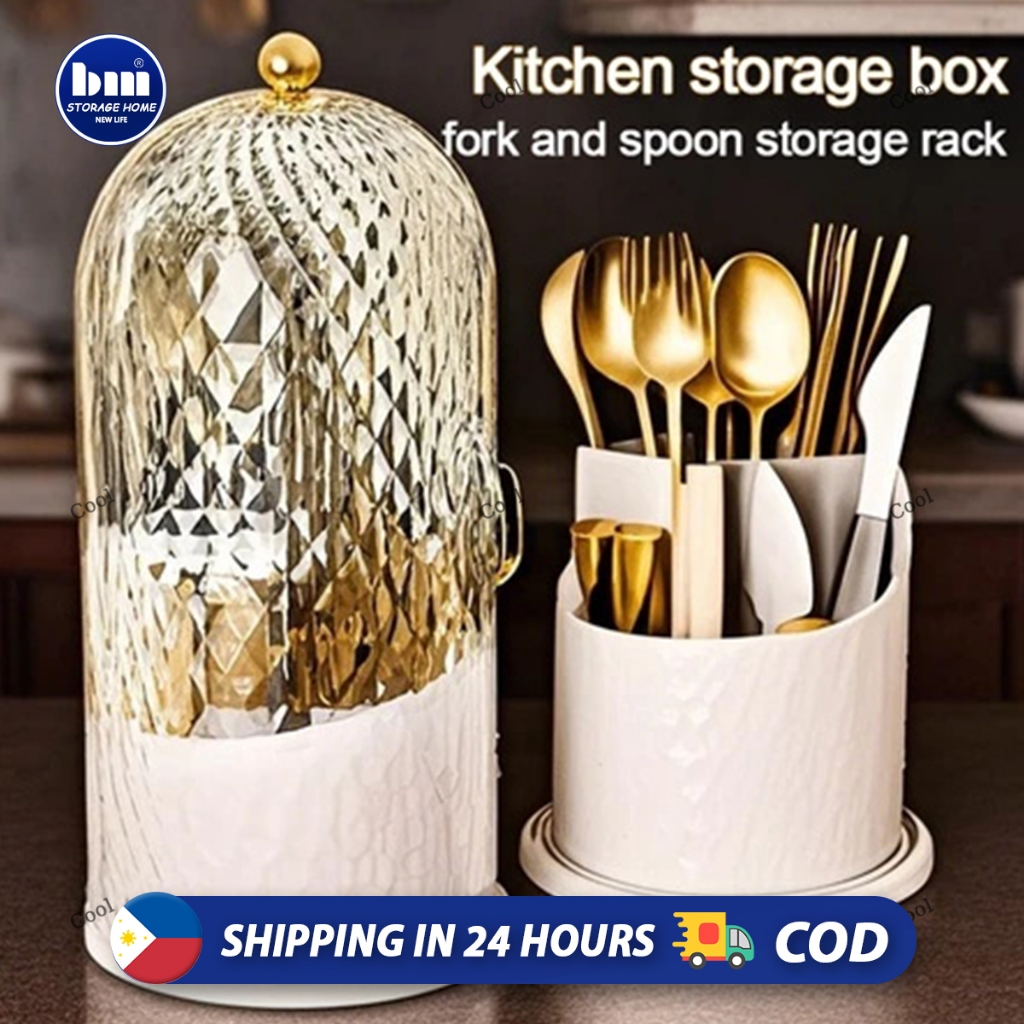 360° Rotating Fork spoon rack Dustproof with lid tube Kitchen Utensils ...