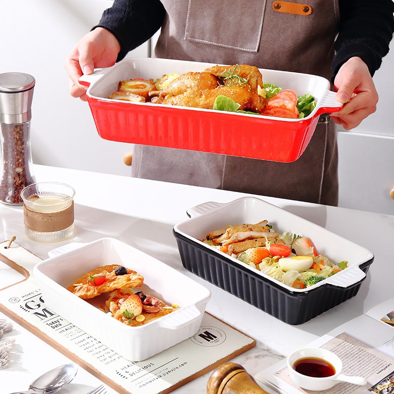 Ceramic creative baking tray with double ears and square stripes，Large ...