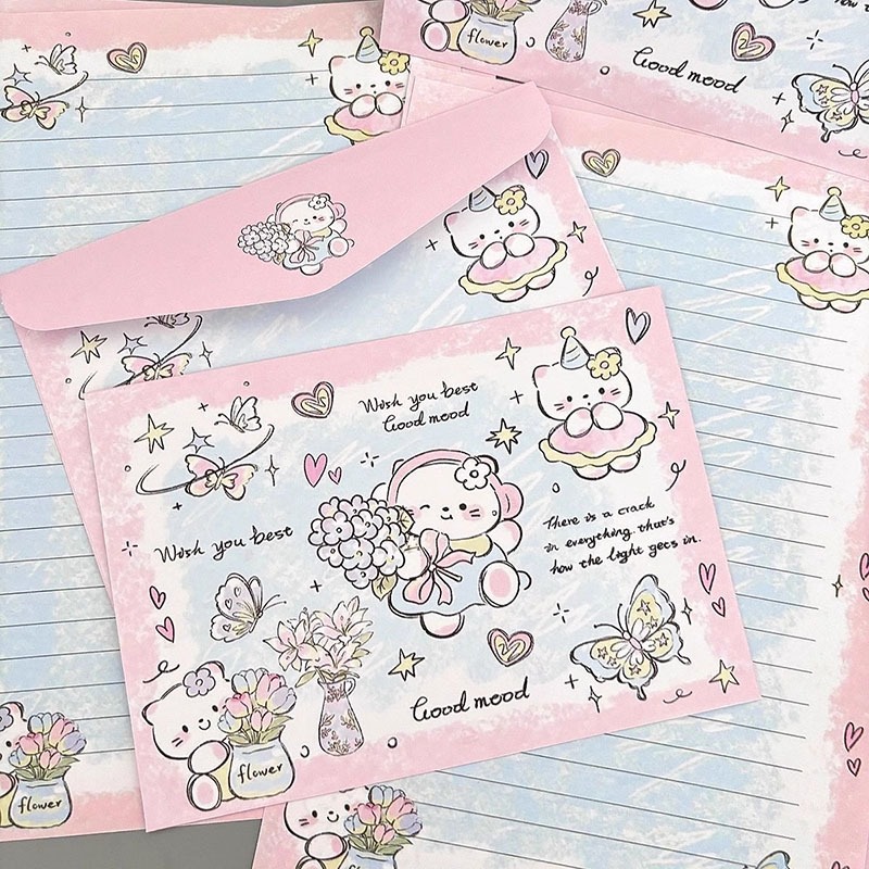8pcs/set Kawaii Angel Cat Envelopes with Letter Pads DIY Love Letter ...