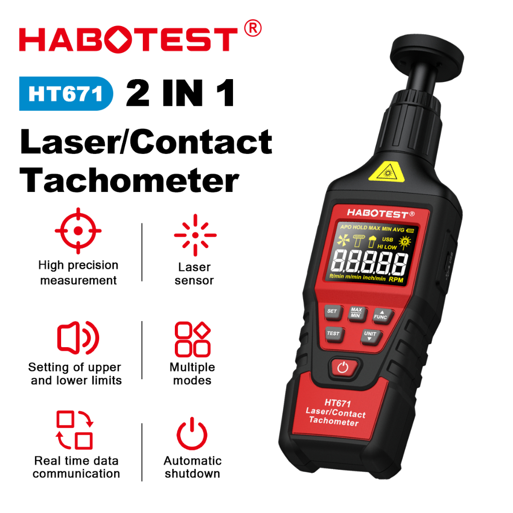 HABOTEST HT671 Digital Tachometer Handheld Contact Motor Tachometer LCD ...