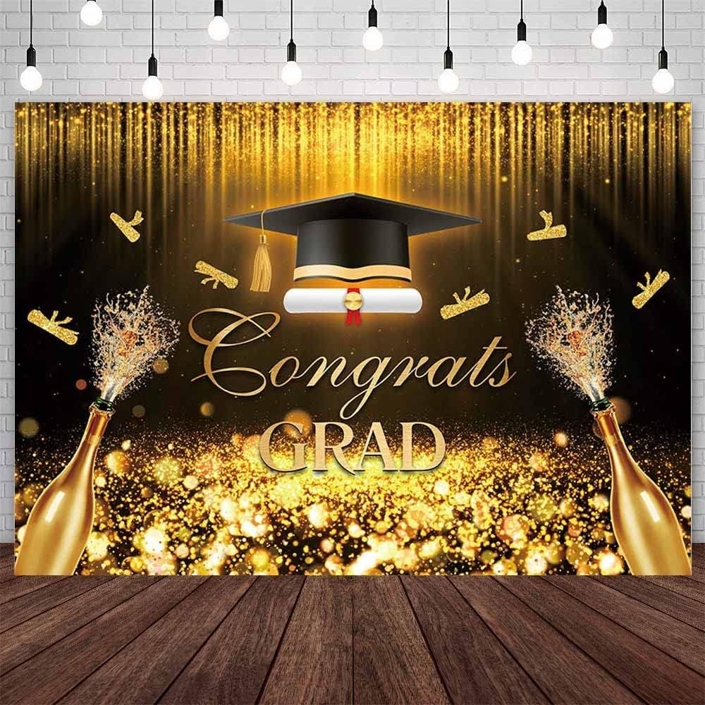 7x5ft Congrats Grad Backdrop Blue Gold Glitter Graduation Party ...