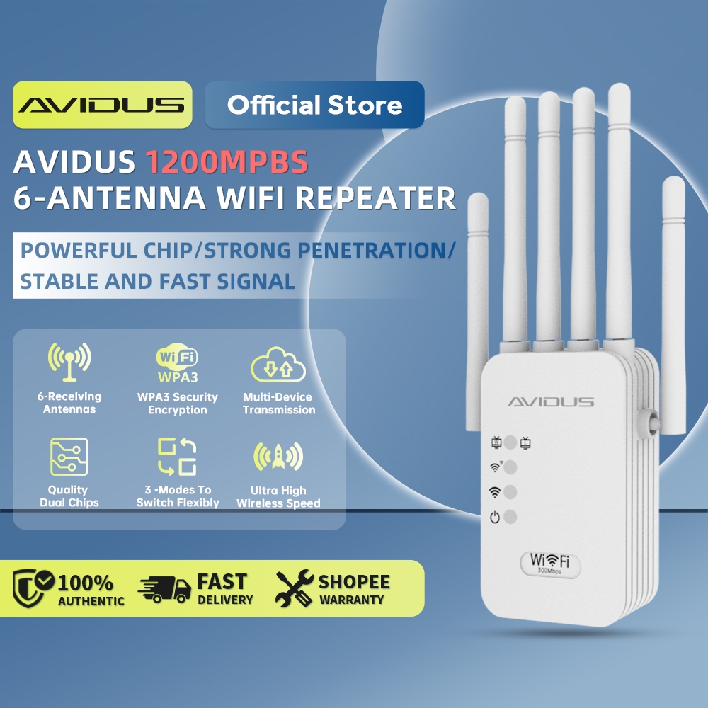 AVIDUS Wireless WiFi Repeater 6-antenna Ehanced Version signal amplifier 2.4G 5G Dual-band ...