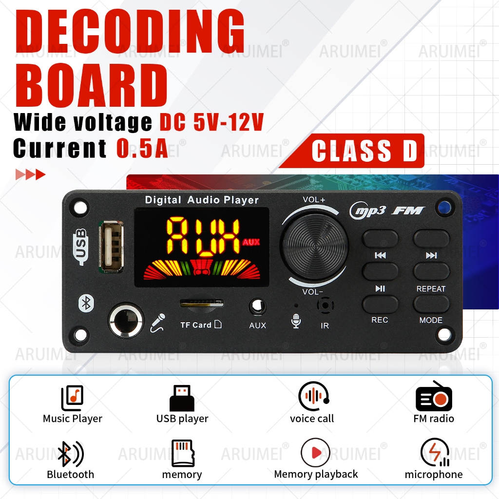 Bluetooth 5.0 MP3 WMA WAV Decoder Board 12V Handsfree 6.5mm Microphone ...