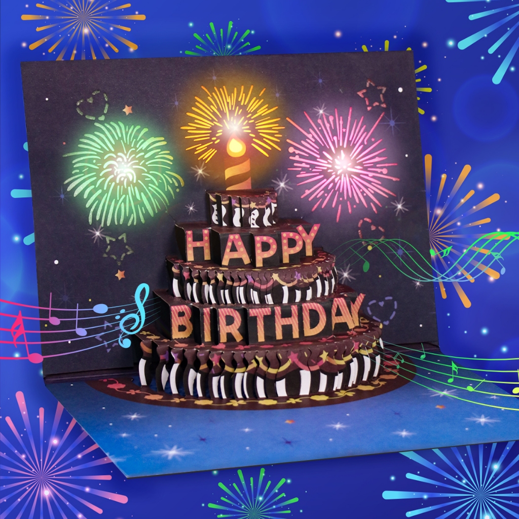 3D Firework Pop Up Birthday Card Battery Powered Musical Cake Style ...
