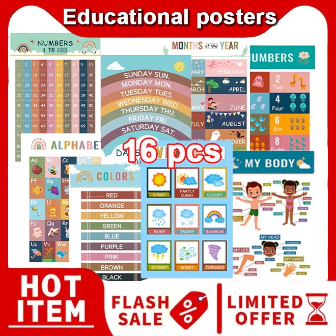 16PCS Educational Preschool Posters Charts for Preschoolers Toddlers ...