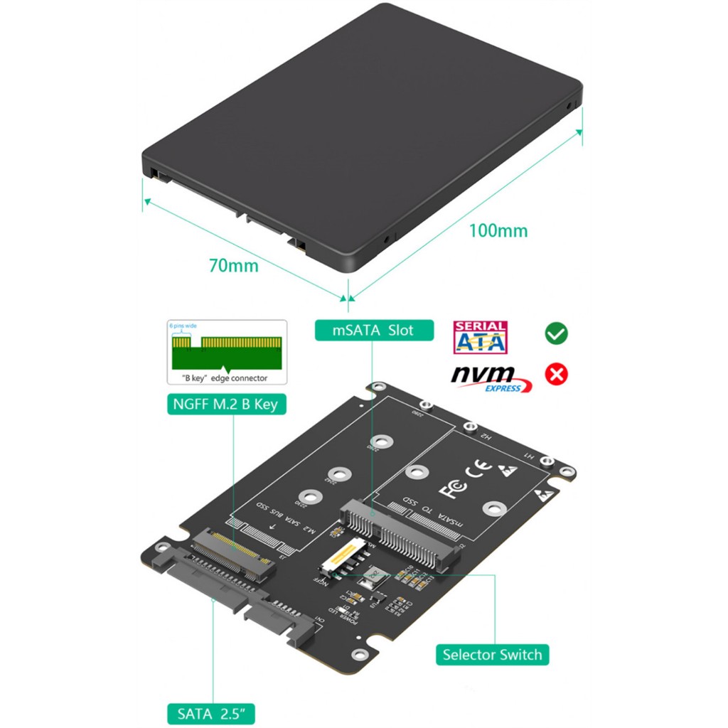 2 in 1 Combine M.2 NGFF key B & mSATA SSD To 2.5 SATA3 Adapter With ...