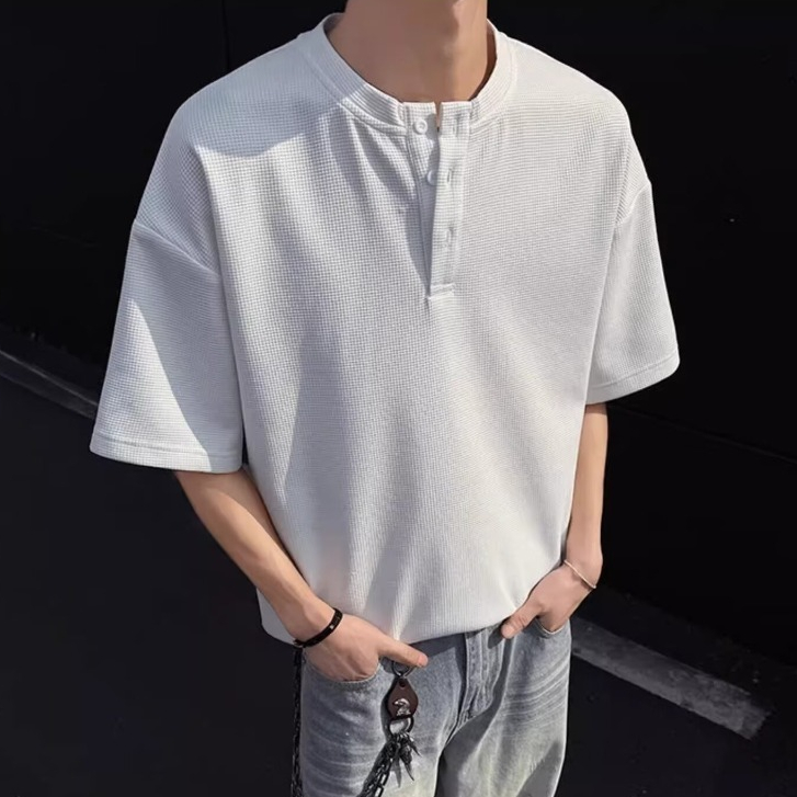 American style design sense plain color Henry collar men's T-shirt ...