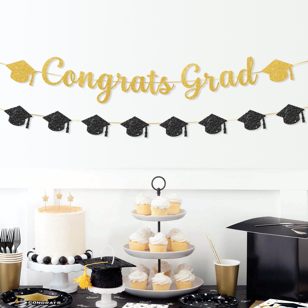 Black Gold Congrats Grad Garland For Graduation Glitter Congratulations ...