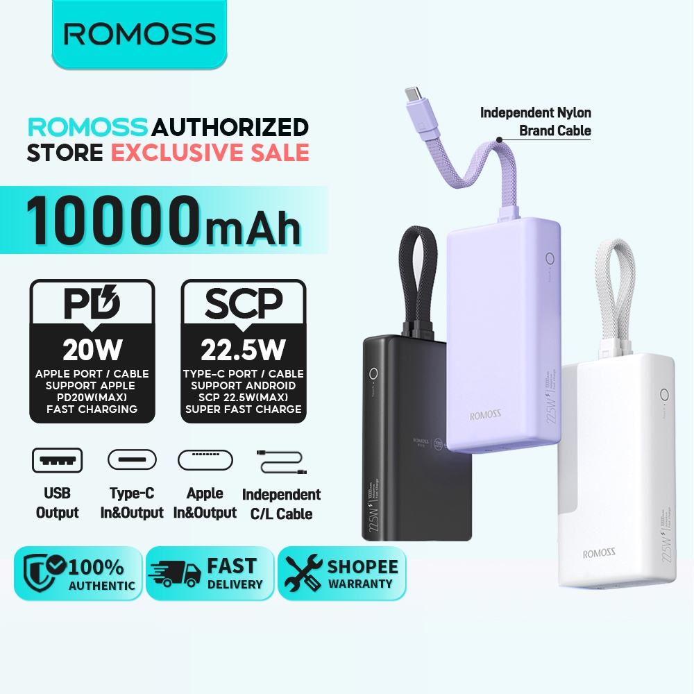 Romoss Lt10a 10000mah 22.5W Qc3.0 Fast Charge Built-in Cable 2 In 3 Out ...