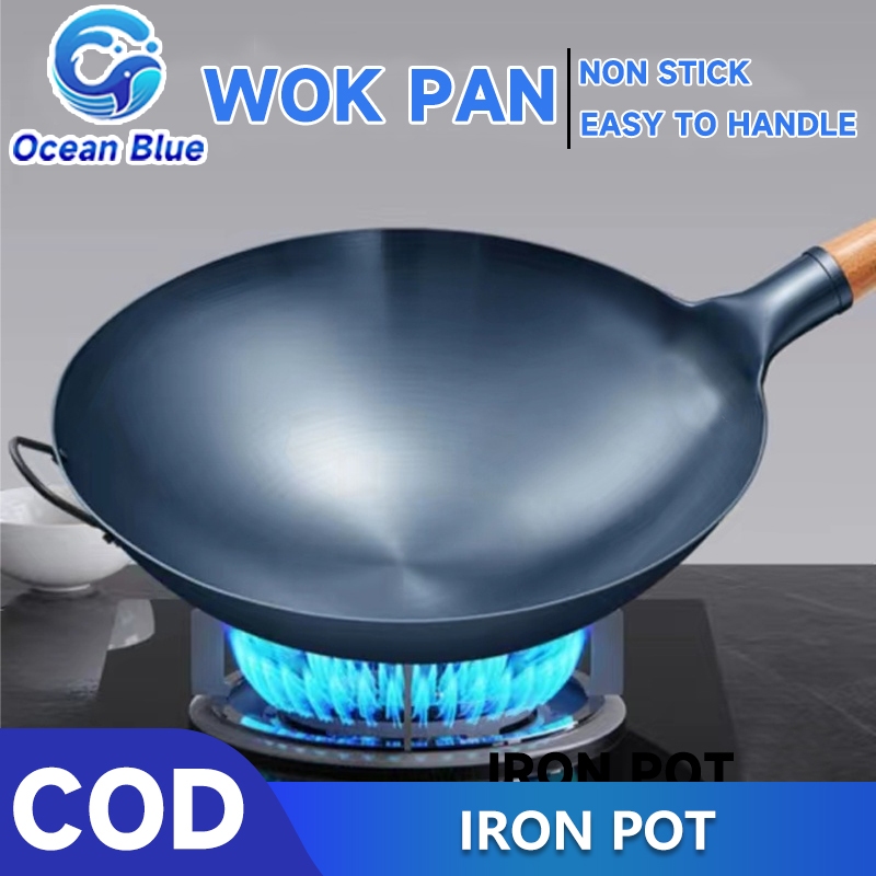 32/34/36/40cm Wok Pan Non Stick Wok Round Bottom Duty Carbon Steel Wok ...