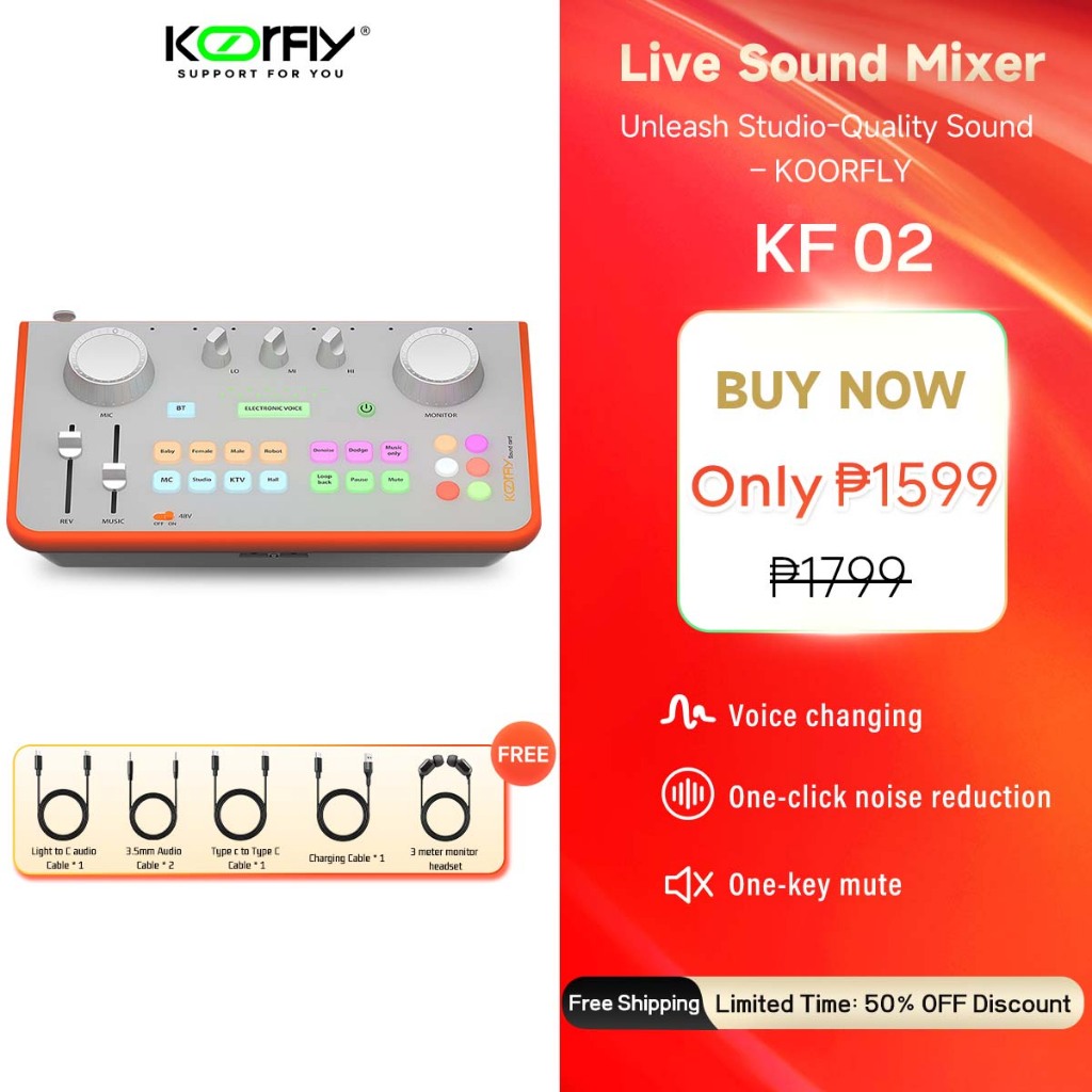KoorFly KF02 Sound Card With 48V Microphone Audio Mixer Noise Reduction Console For Live Singing ...