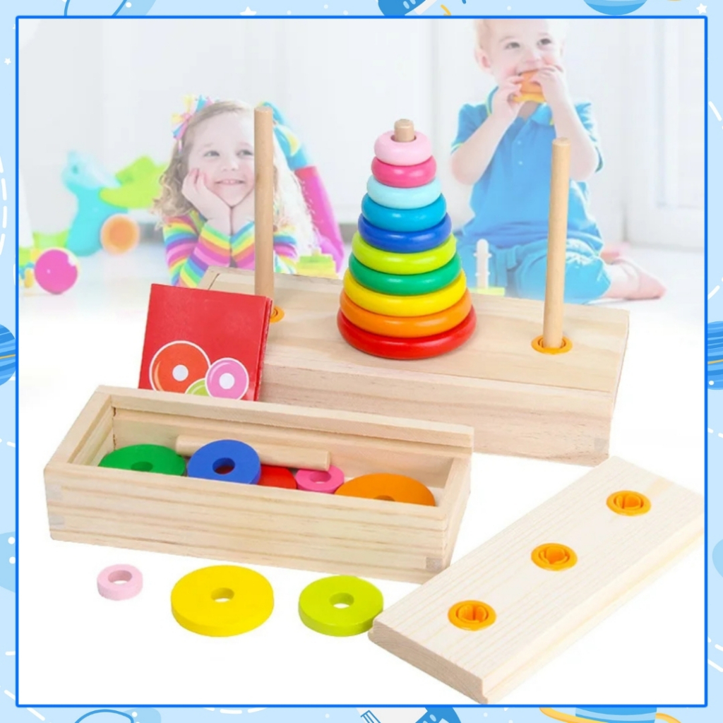 10 Rings Kids Toy Wooden Building Towers of Hanoi Math Puzzle Rainbow ...