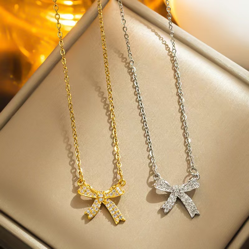 Titanium steel bow necklace for women, sweet and fresh collarbone chain ...