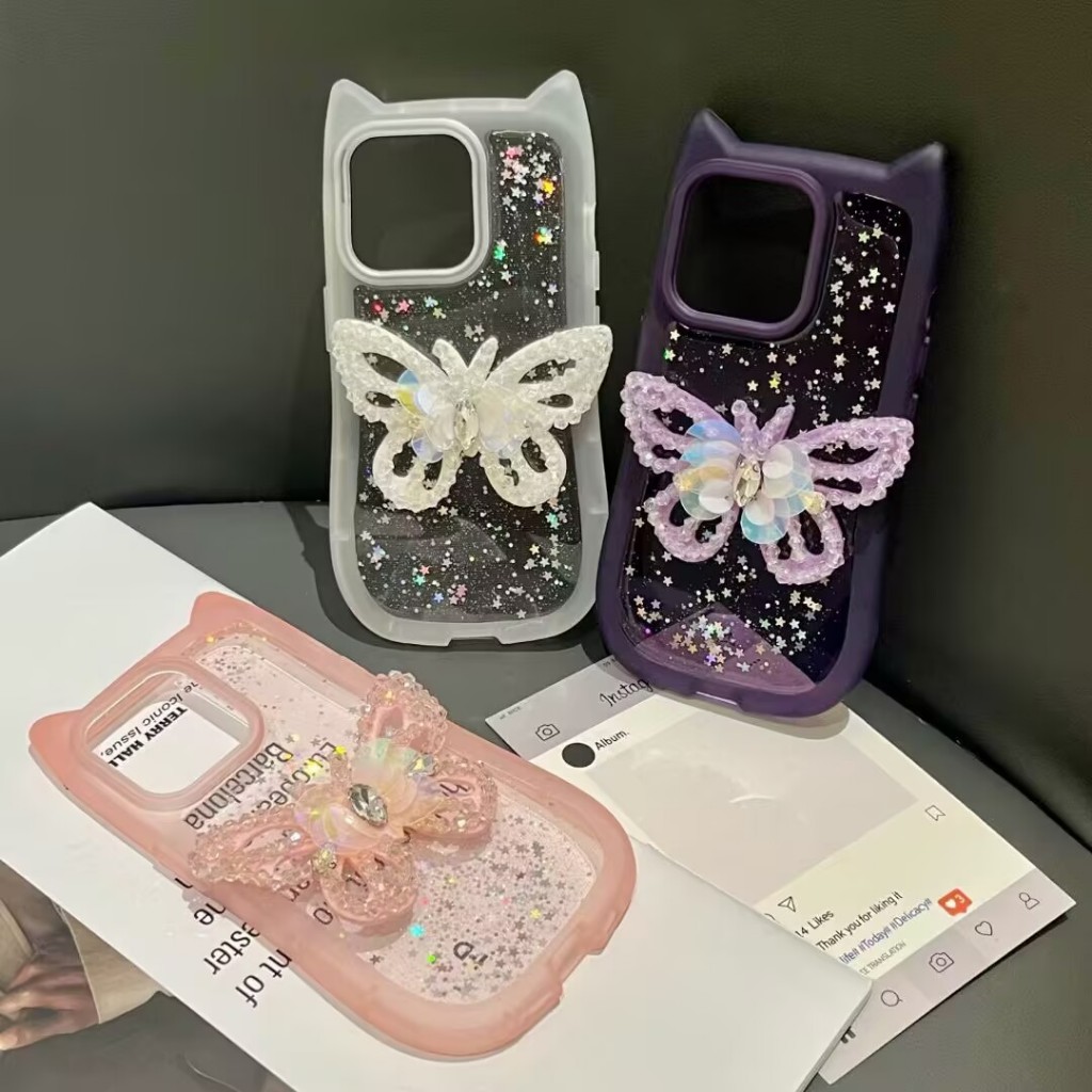 Cute Cat glitter phone case + diamond butterfly for Iphone 16 pro max ...