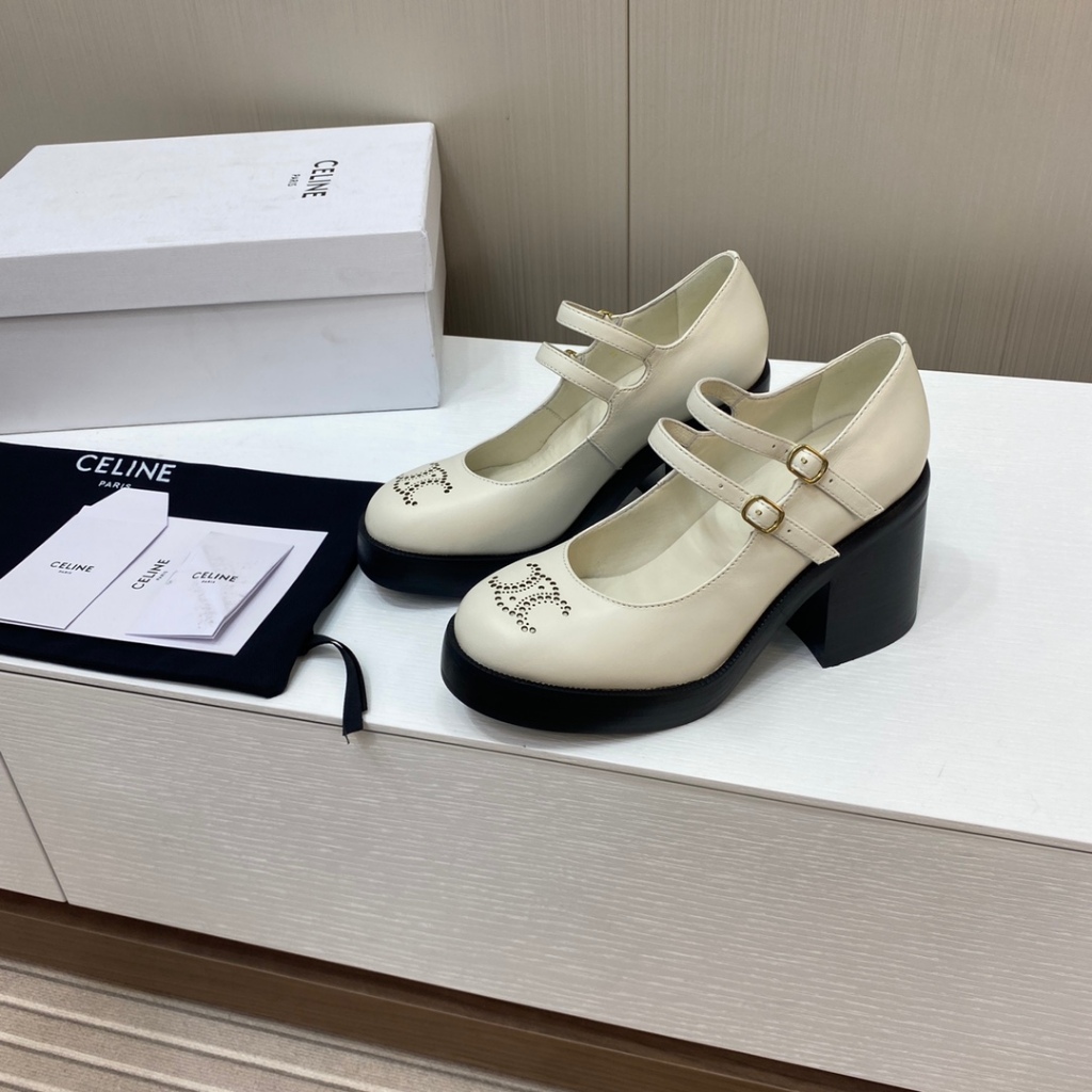 Celine 2025 Thick Heel Double Buckle Ladies Retro High Heels | Shopee ...