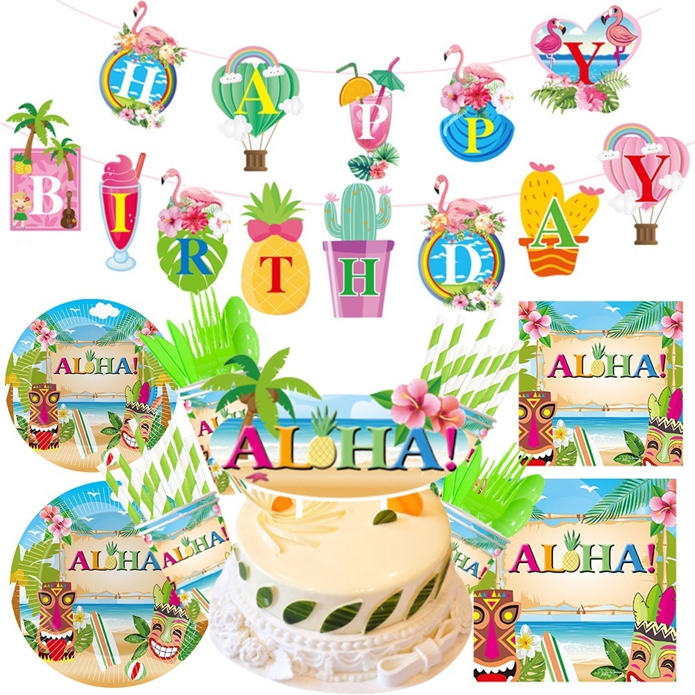ALOHA Theme Hawaiian Banner Tropical Fruit Watermelon Pineapple Cactus ...