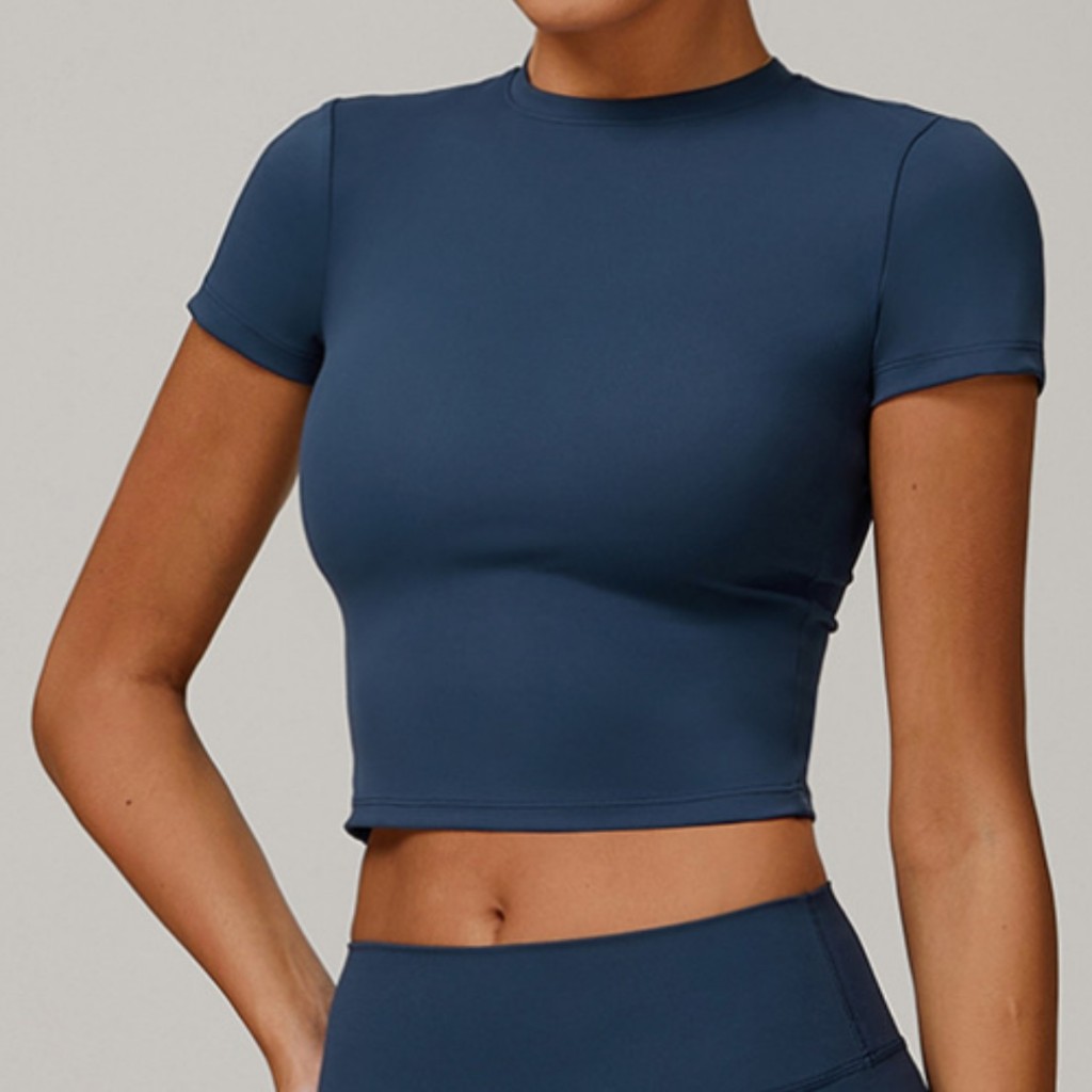 Women Midriff-baring Short Sleeve Yoga Top High Elasticity Fitness ...
