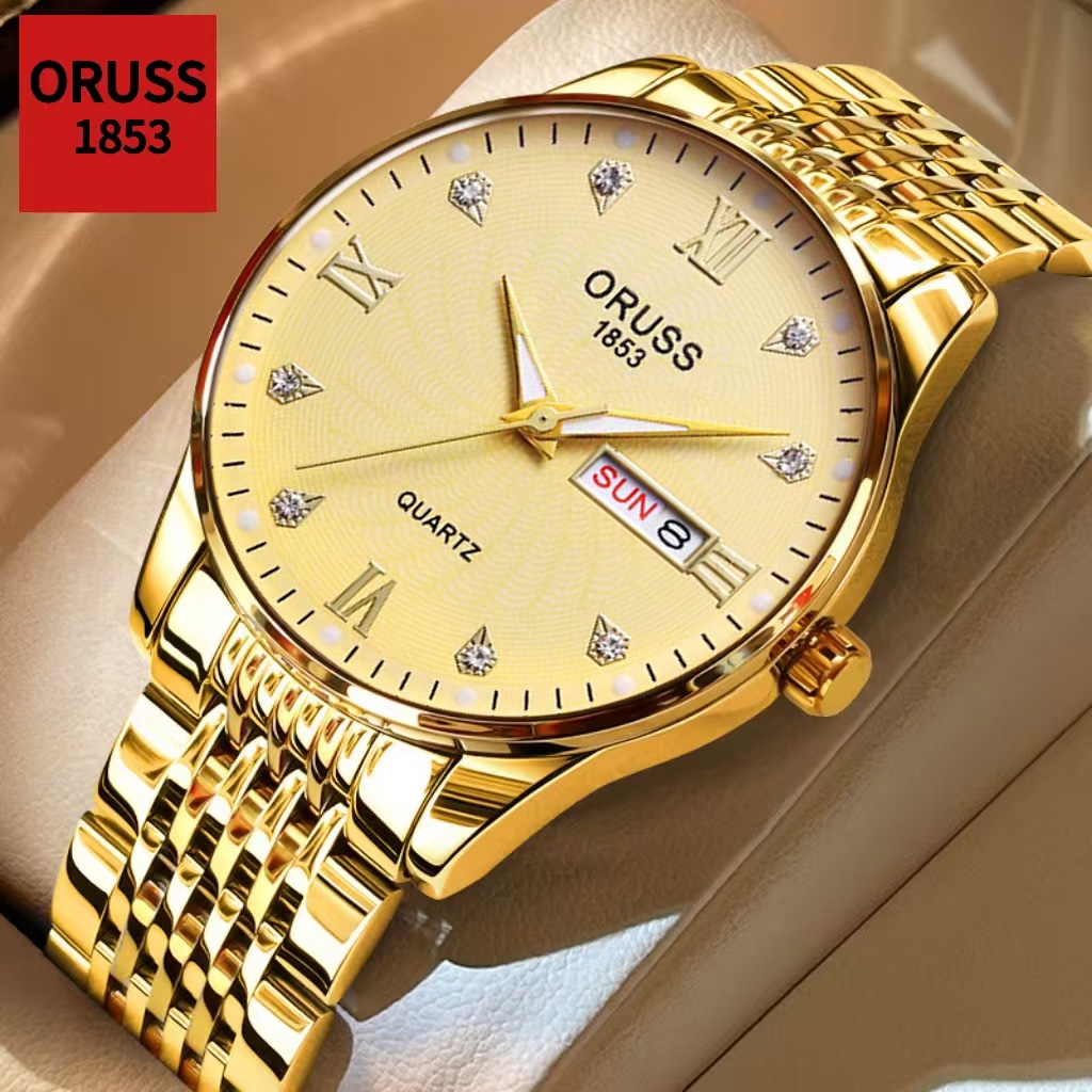 [Gift][With Box]ORUSS Original Men Luxury Gold Dual Calendar Stainless ...