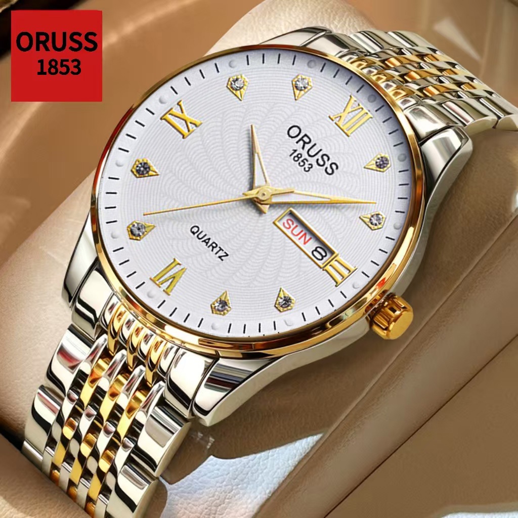 [Gift][With Box]ORUSS Original Men Stainless Steel Luxury Dual Calendar ...