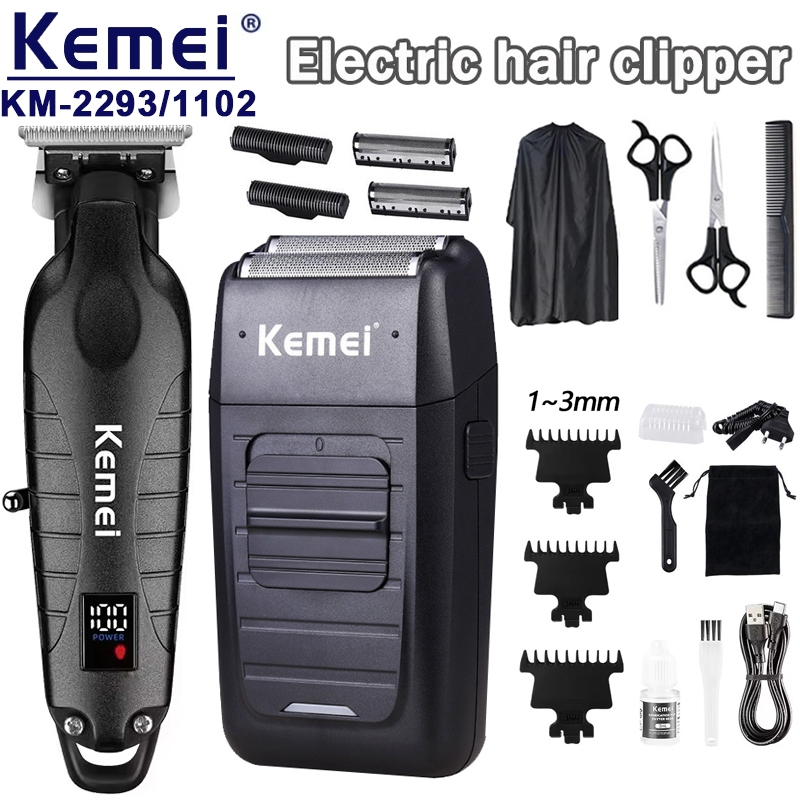 Kemei KM-2293/1102 Professional Black Haircut Machine Set Rechargeable Cordless Hair Clipper Set ...