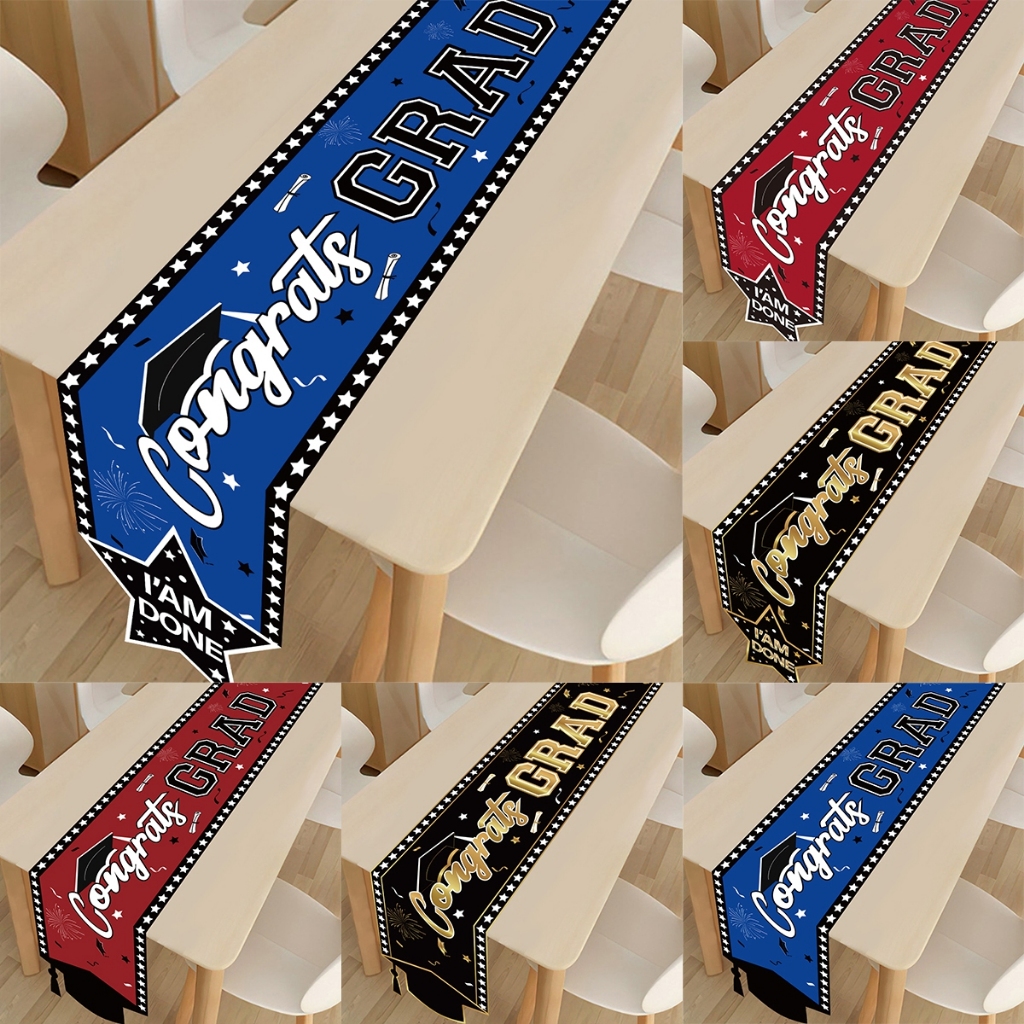 180*35cm Congrats Grad Table Runner Polyester Graduation Cap Pattern ...