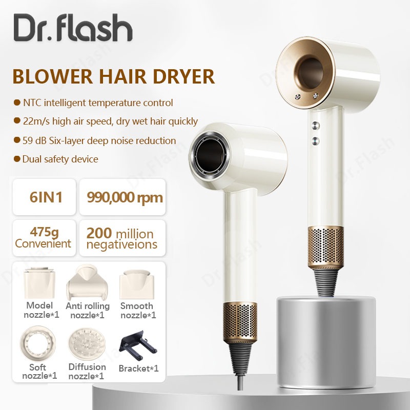 Dr.flash Hair dryer Supersonic purple 6 in 1 1600W negative ion hot and ...