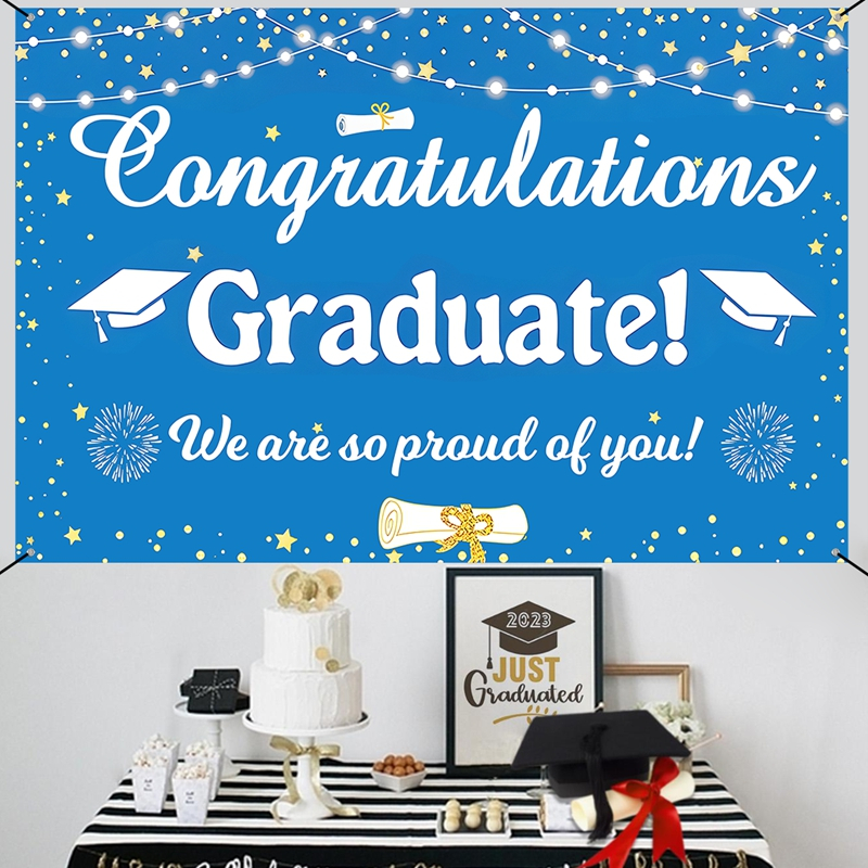 150*100cm Polyester Blue White Graduation Backdrop Congratulations ...