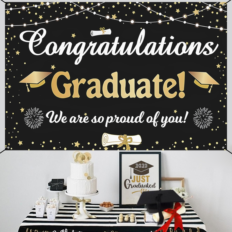 Black Gold Graduation Banner 150*100cm Polyester Happy Graduation ...