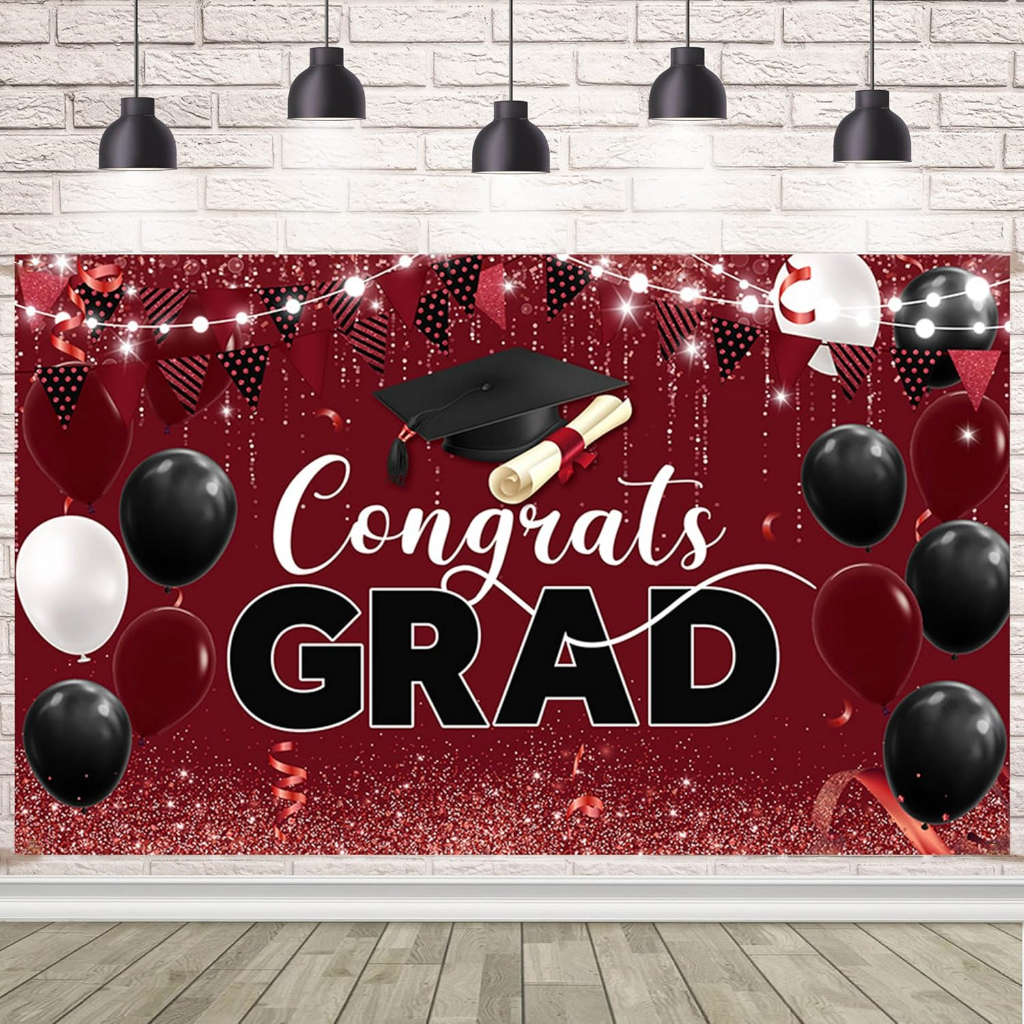 Congrats Grad Photography Backdrop Pink Gold Glitter Balloons ...