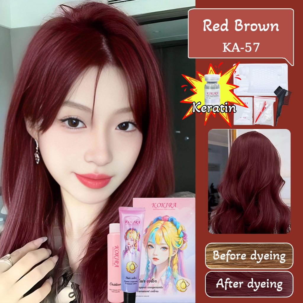 KOKIRA Red Brown Hair Color【Hair dye set +Keratin repair essential oil ...