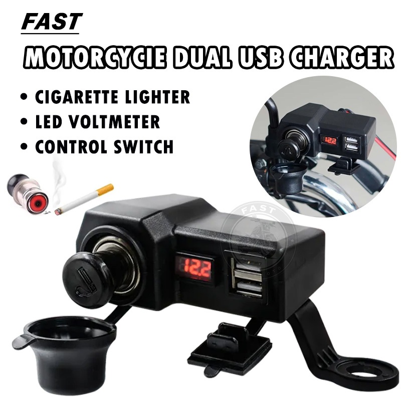 FAST 12V Motorcycle 2.1A Dual USB Phone Charger Motorbike LED Voltmeter ...