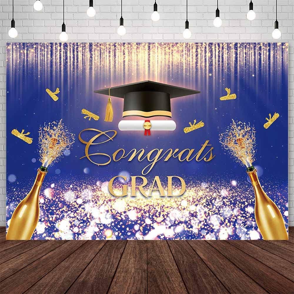 Congrats Grad Photography Backdrop Blue Gold Glitter Graduation Party ...