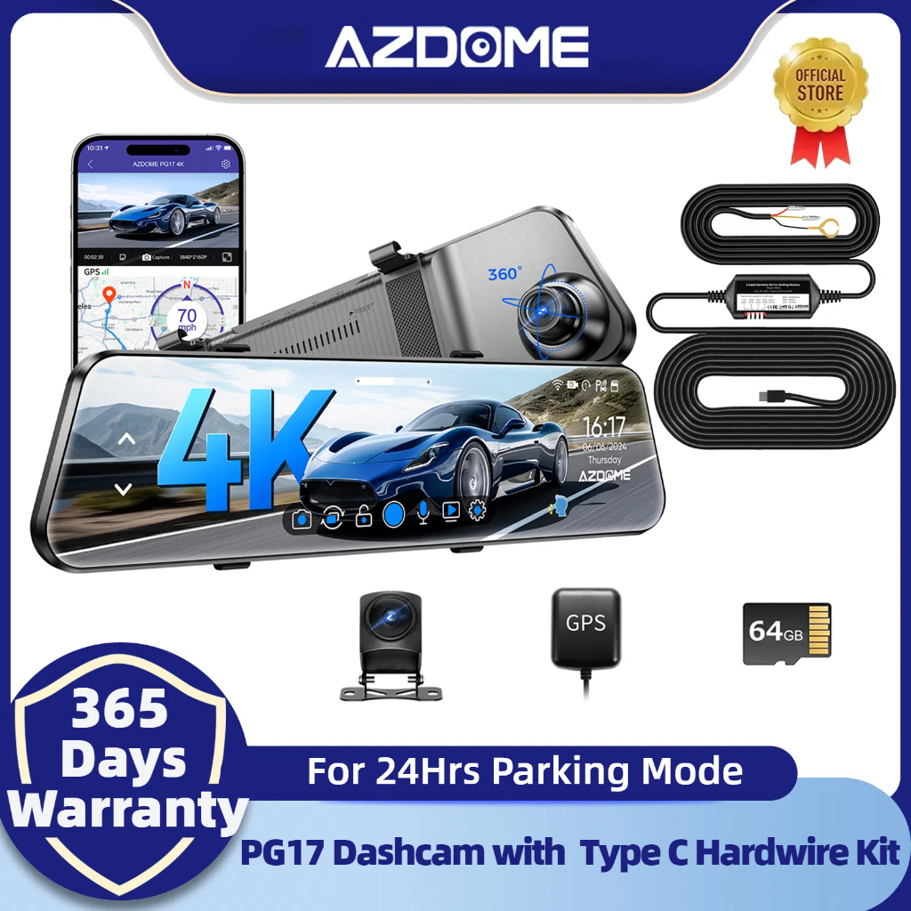 AZDOME PG17 4K Mirror Dashcam with Type-C Port 3-Lead Acc Hardwire Kit 12-24V to 5V/2.5A Low ...