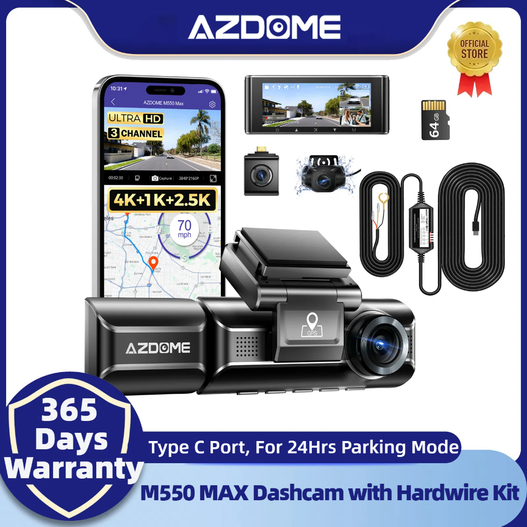AZDOME M550 MAX 4K 3 Camera Dashcam Front and Rear Built-in WiFi GPS ...